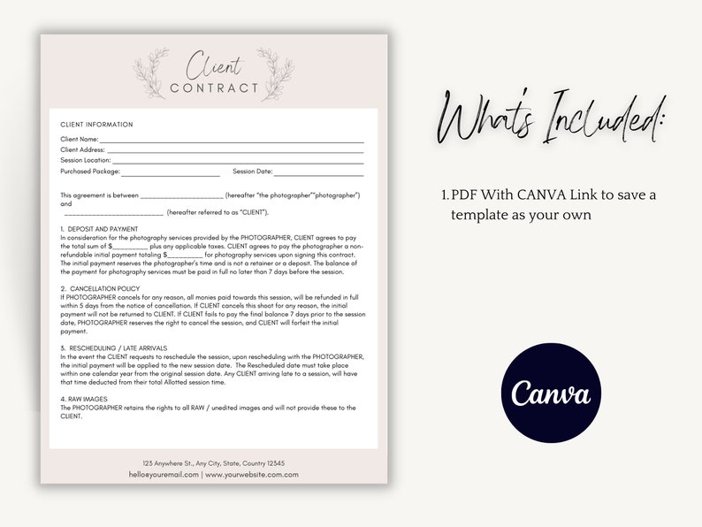 Photography Client Contract, Edit in CANVA, Client Agreement, Session ...