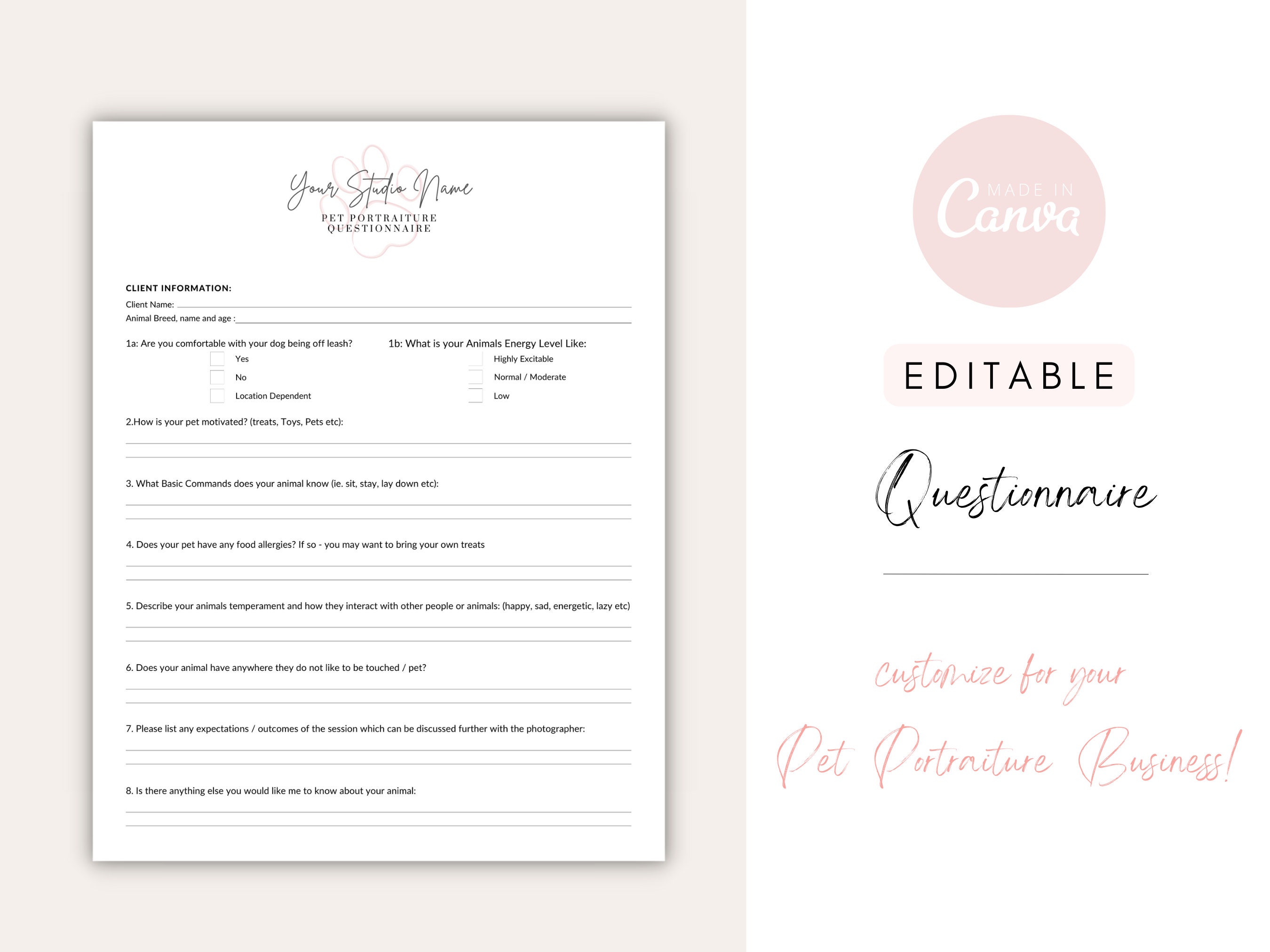 Pet Photography Questionnaire, Editable in CANVA, Questionnaire for Pet ...