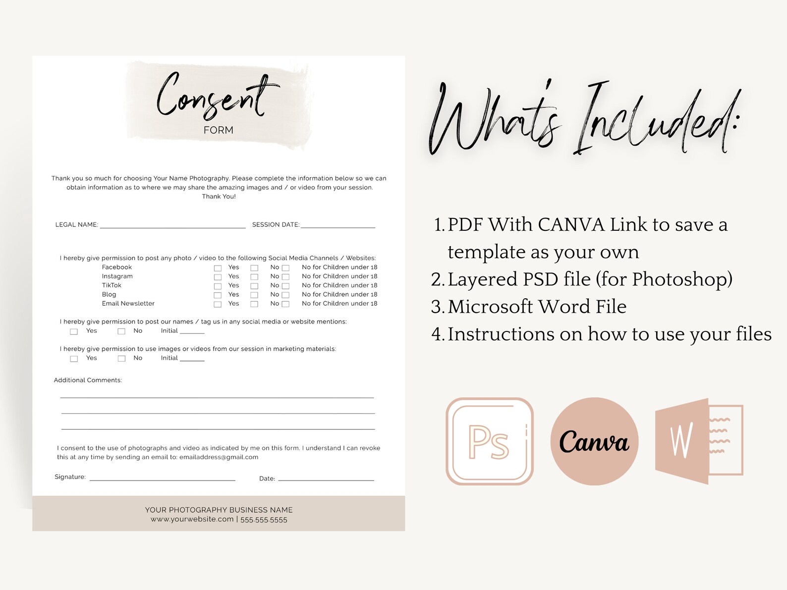 Consent Form Template for Photographers, Consent for Social Media Use ...