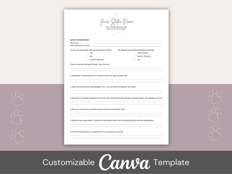 Pet Photography Questionnaire, Editable in CANVA, Questionnaire for Pet ...