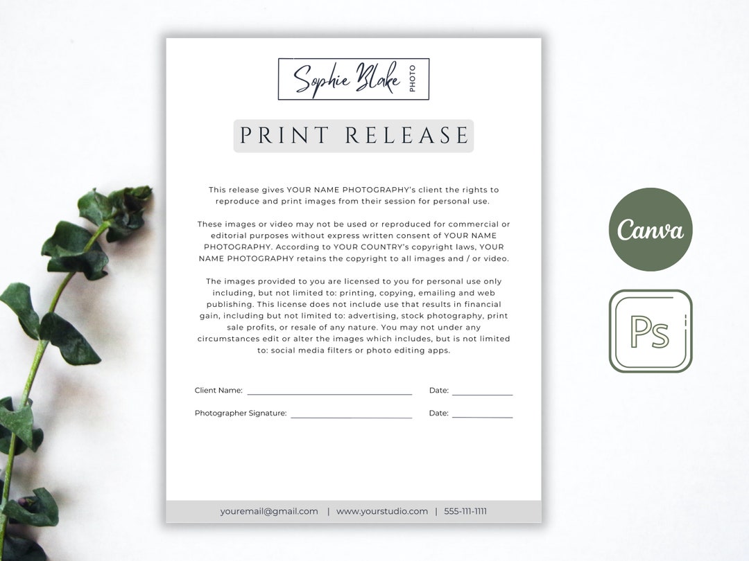 Print Release Template for Photographers, Print Release, Edit in ...