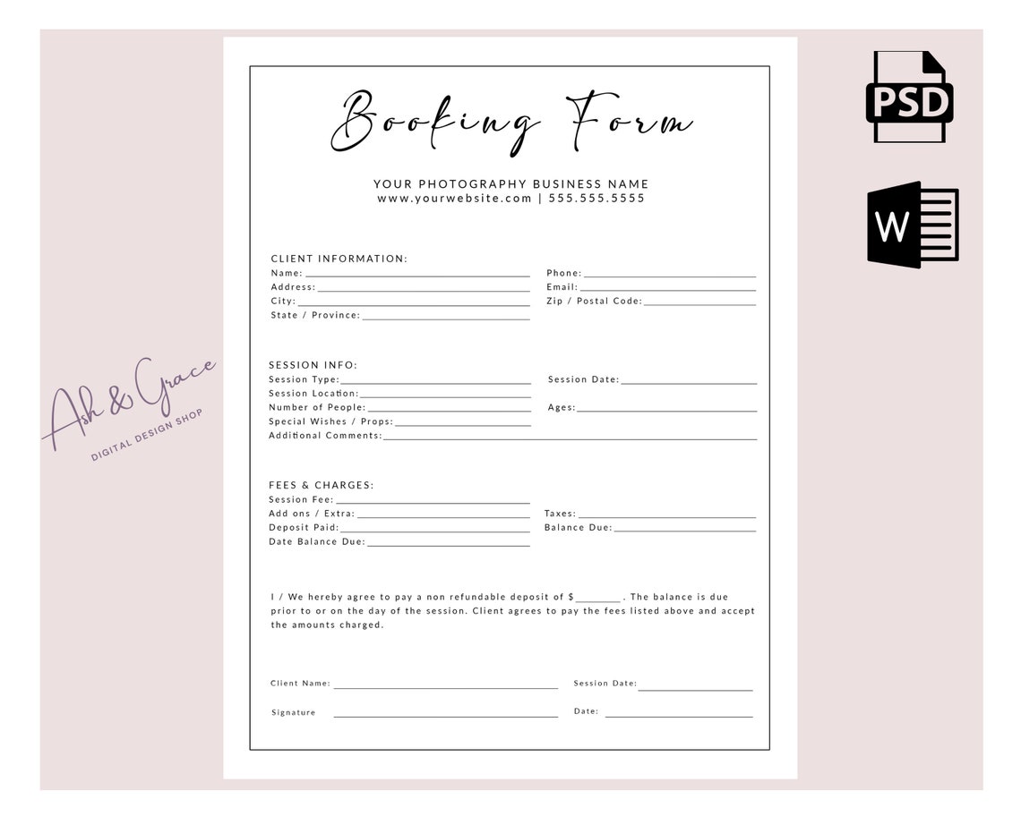Client Booking Form for Photographers, Photoshop Template for ...
