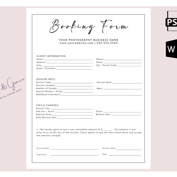 Client Booking Template Photoshop Word - Etsy