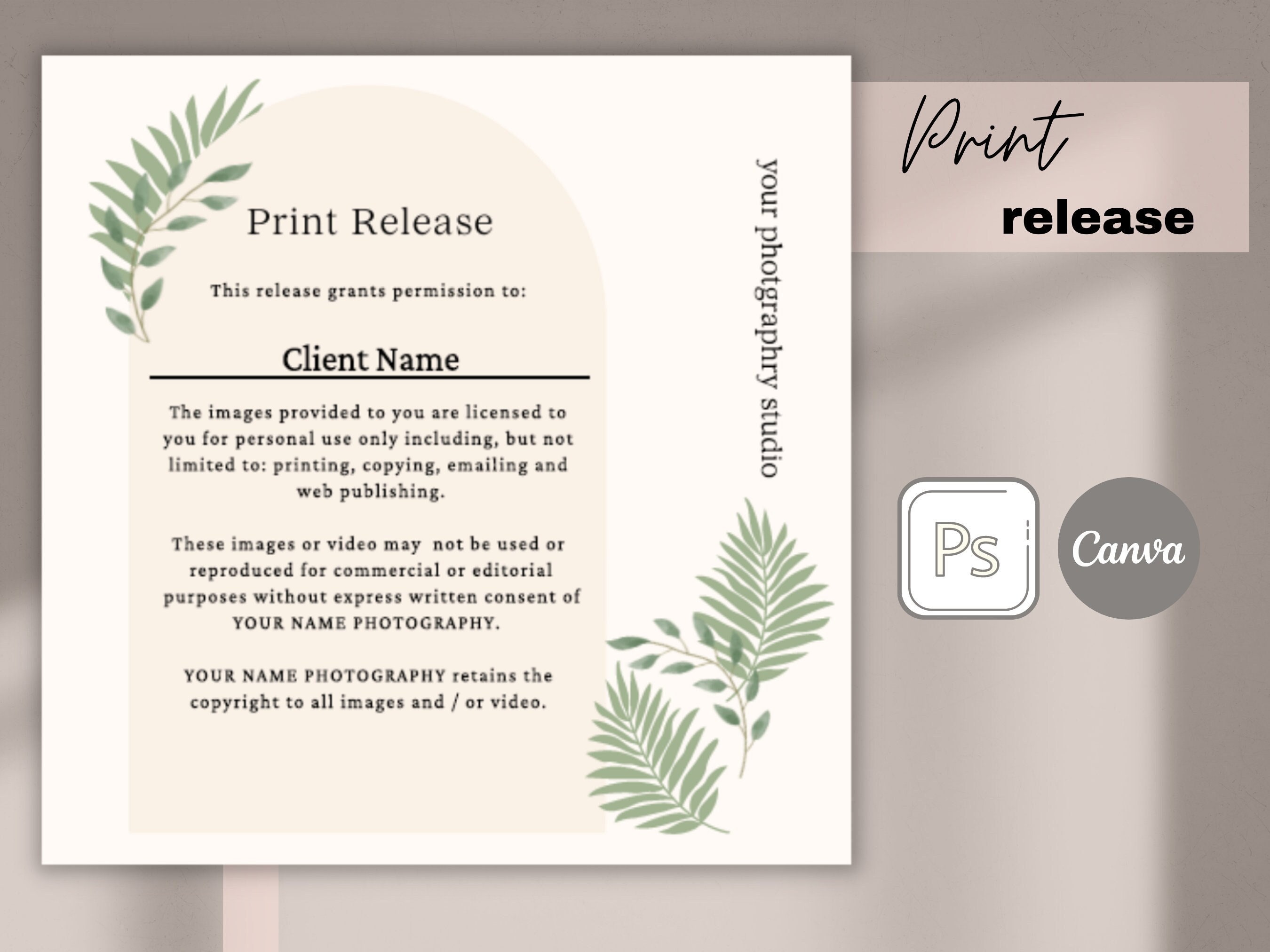 Photo Release Template, Print Release for Photographers, Edit in ...