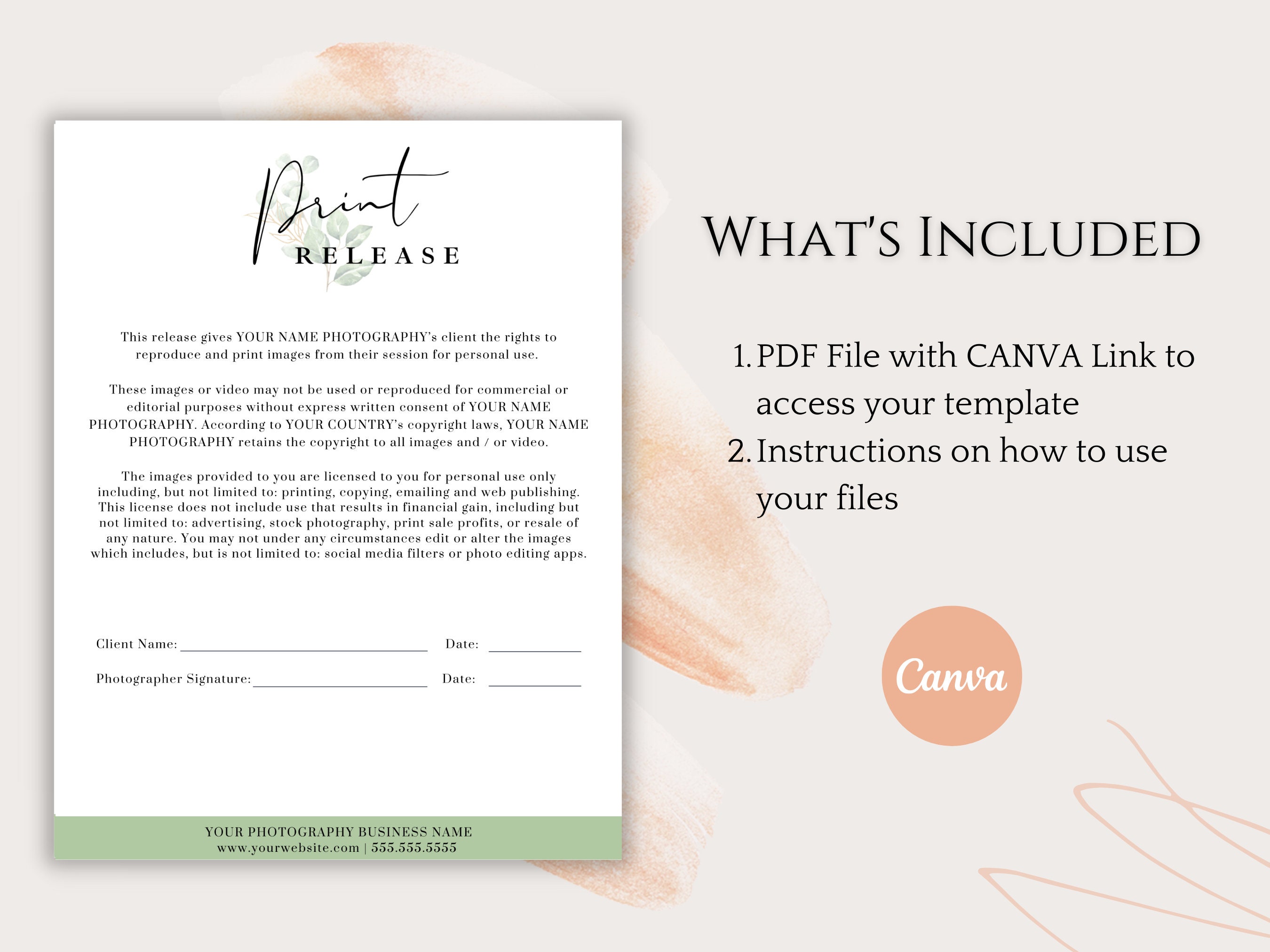 Photography Print Release Form Photo Release for Photographers, Edit in CANVA, Photography ...