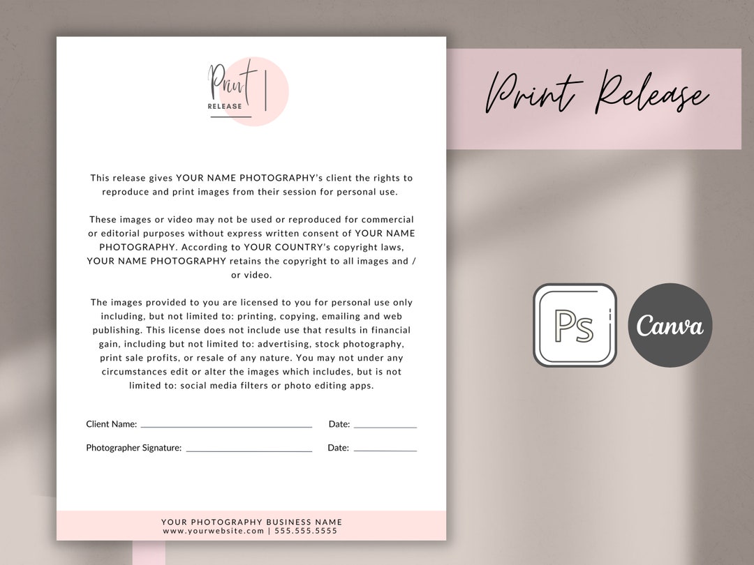 Print Release Template for Photographers, Print Release, Edit in ...