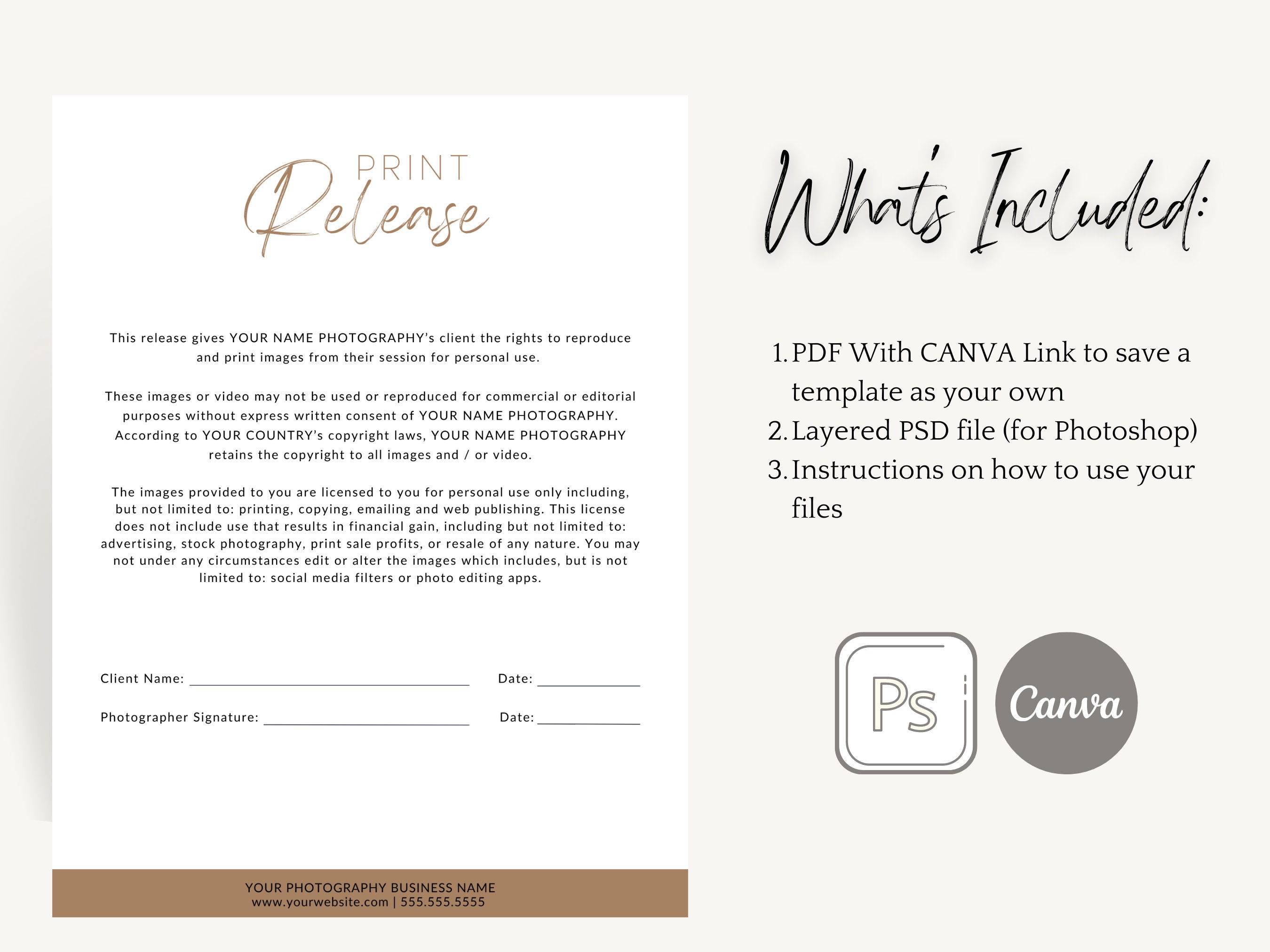 Print Release Template for Photographers, Print Release, Edit in ...