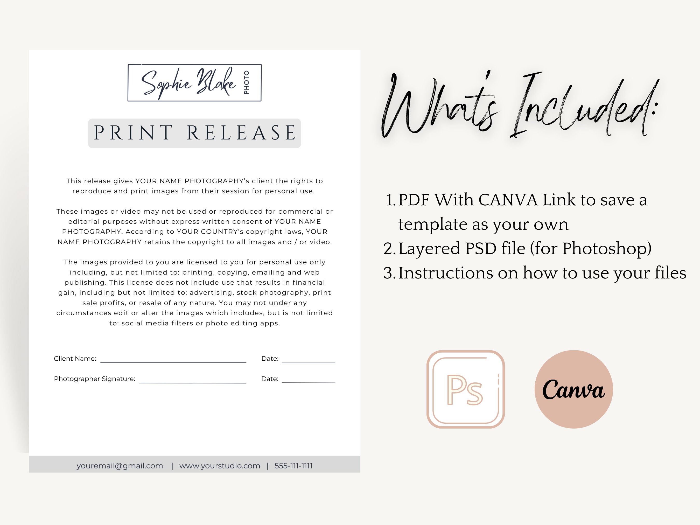 Print Release Template for Photographers, Print Release, Edit in ...