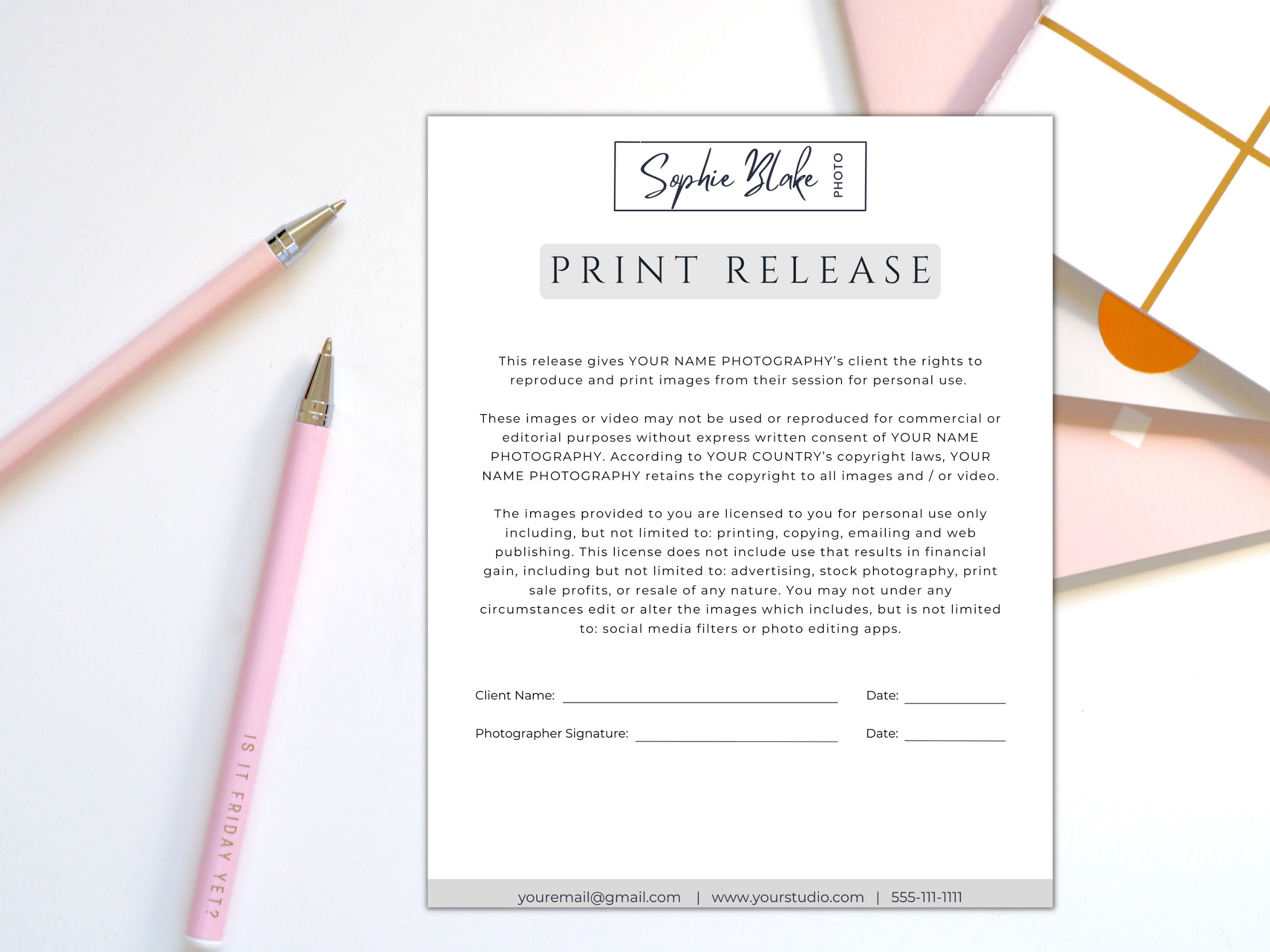 Print Release Template for Photographers, Print Release, Edit in ...