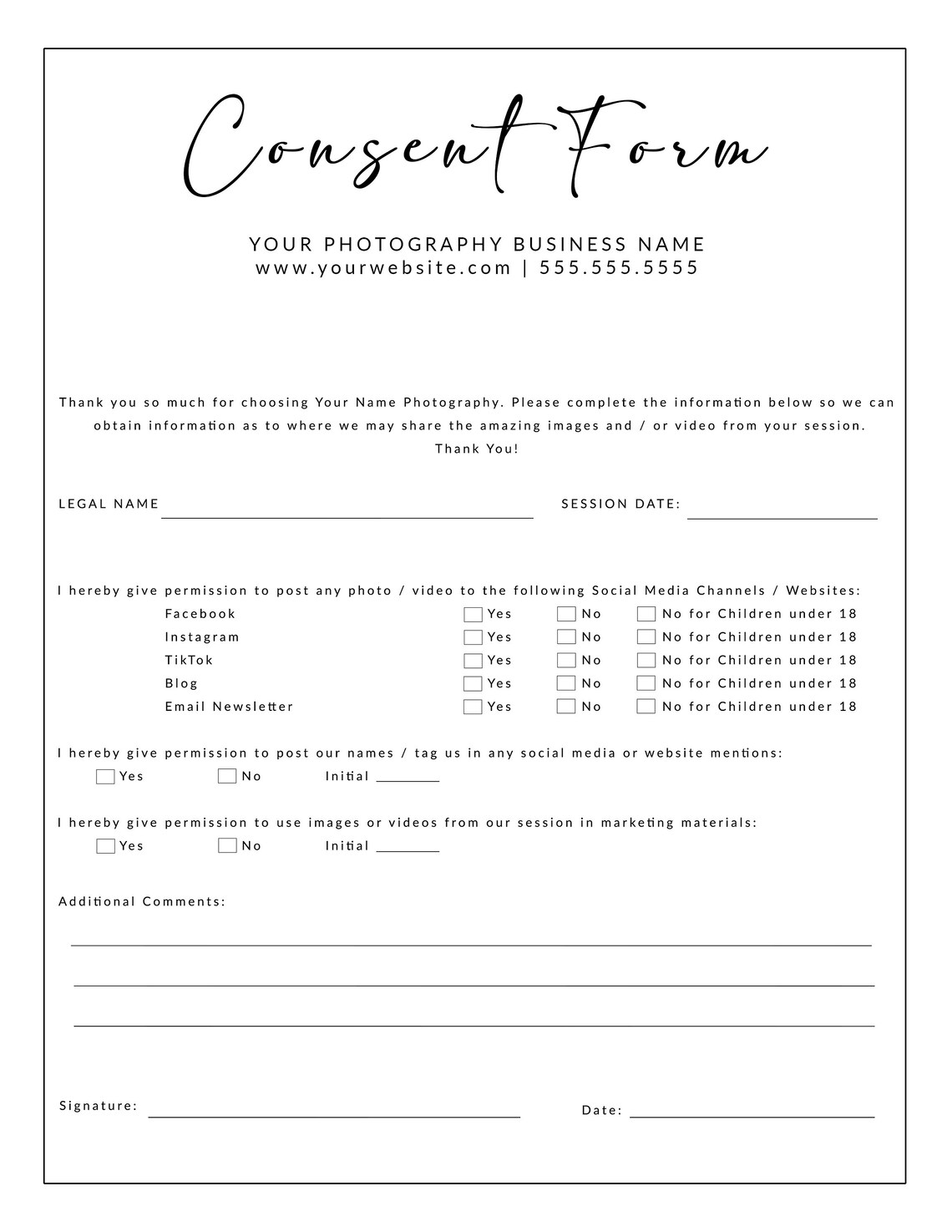 Consent Form Template for Photographers, Photoshop Template, Microsoft ...