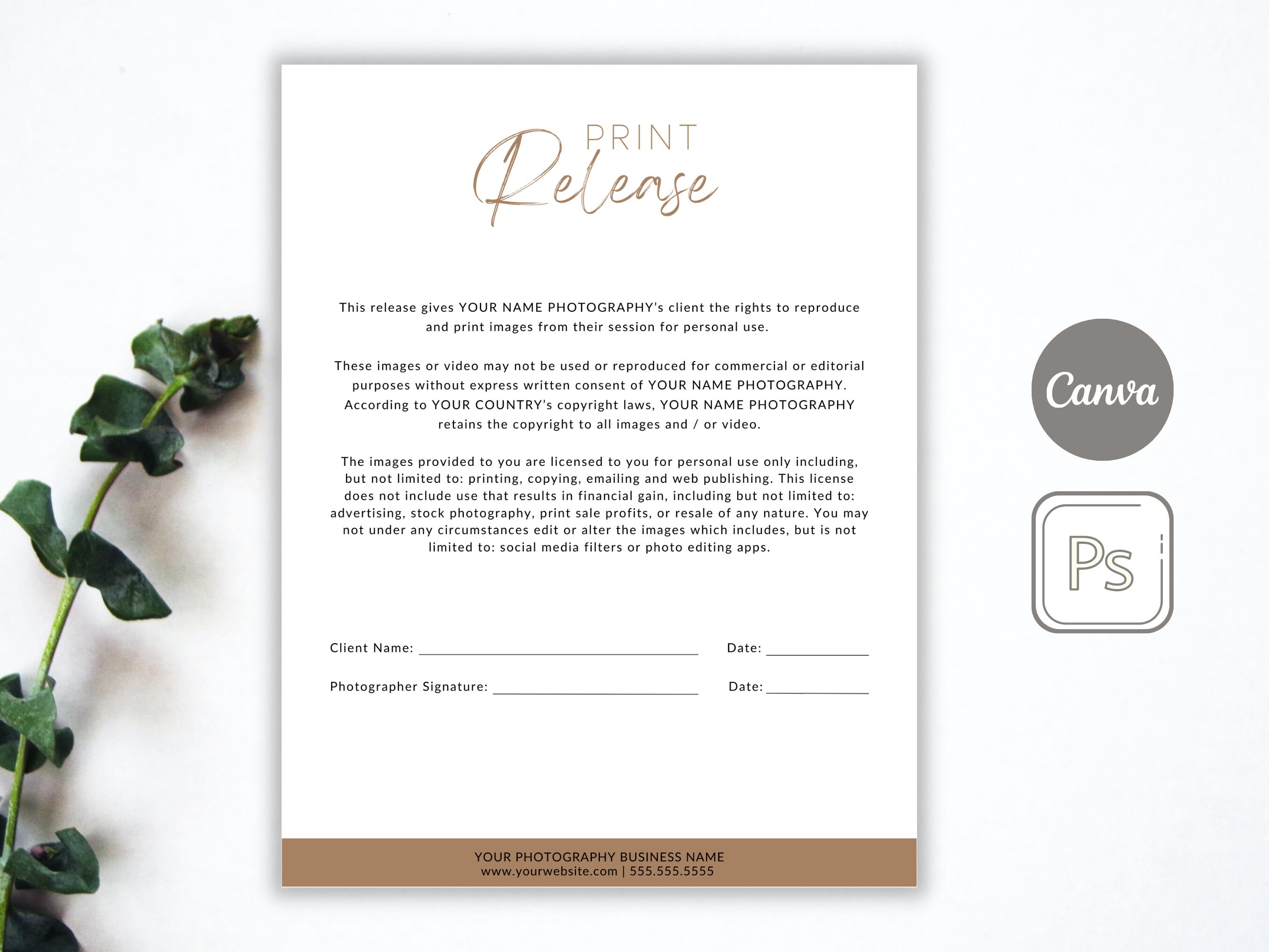 Print Release Template for Photographers, Print Release, Edit in ...