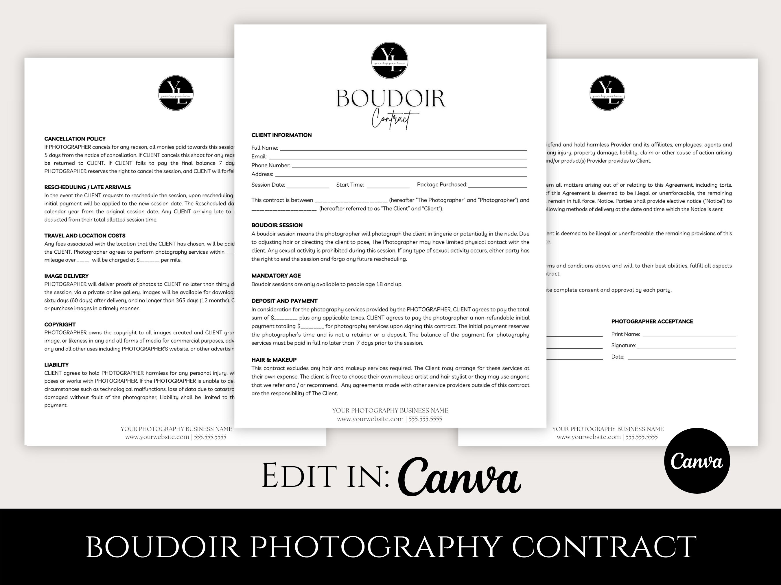 Boudoir Photography Business Forms Bundle | Photography Contract ...
