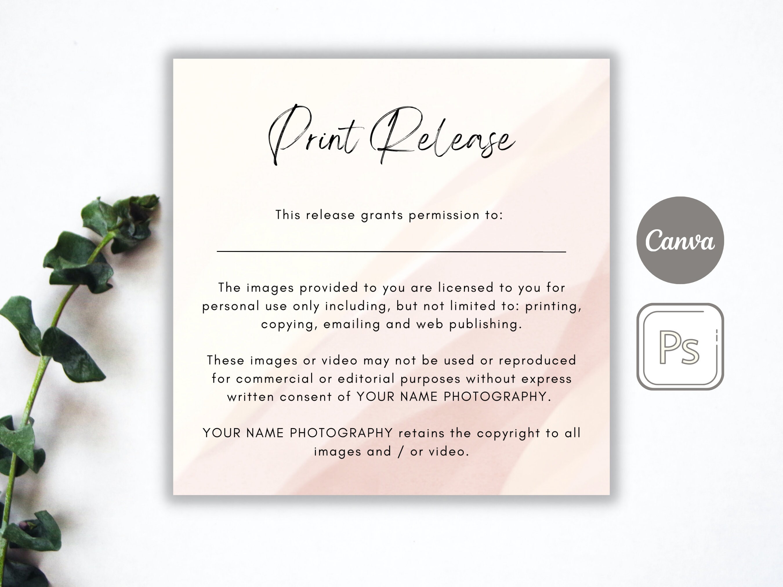 Print Release Template, Print Release for Photographers, Edit in ...