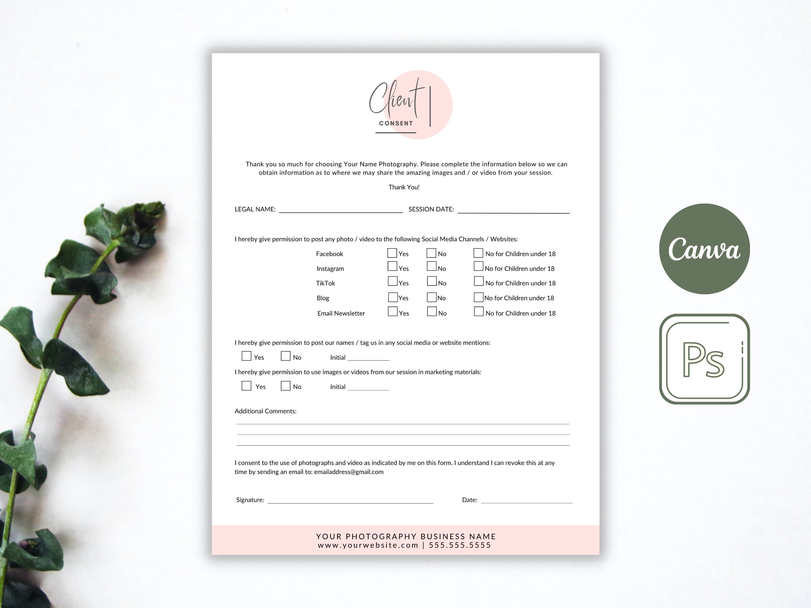 Consent Form Template for Photographers, Consent for Social Media Use ...