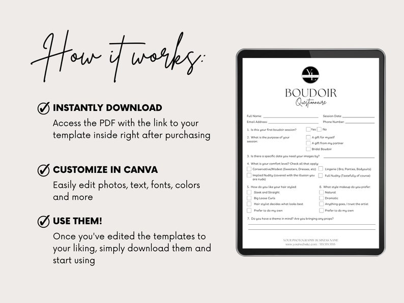 Boudoir Photography Questionnaire Template | Boudoir Questionnaire ...