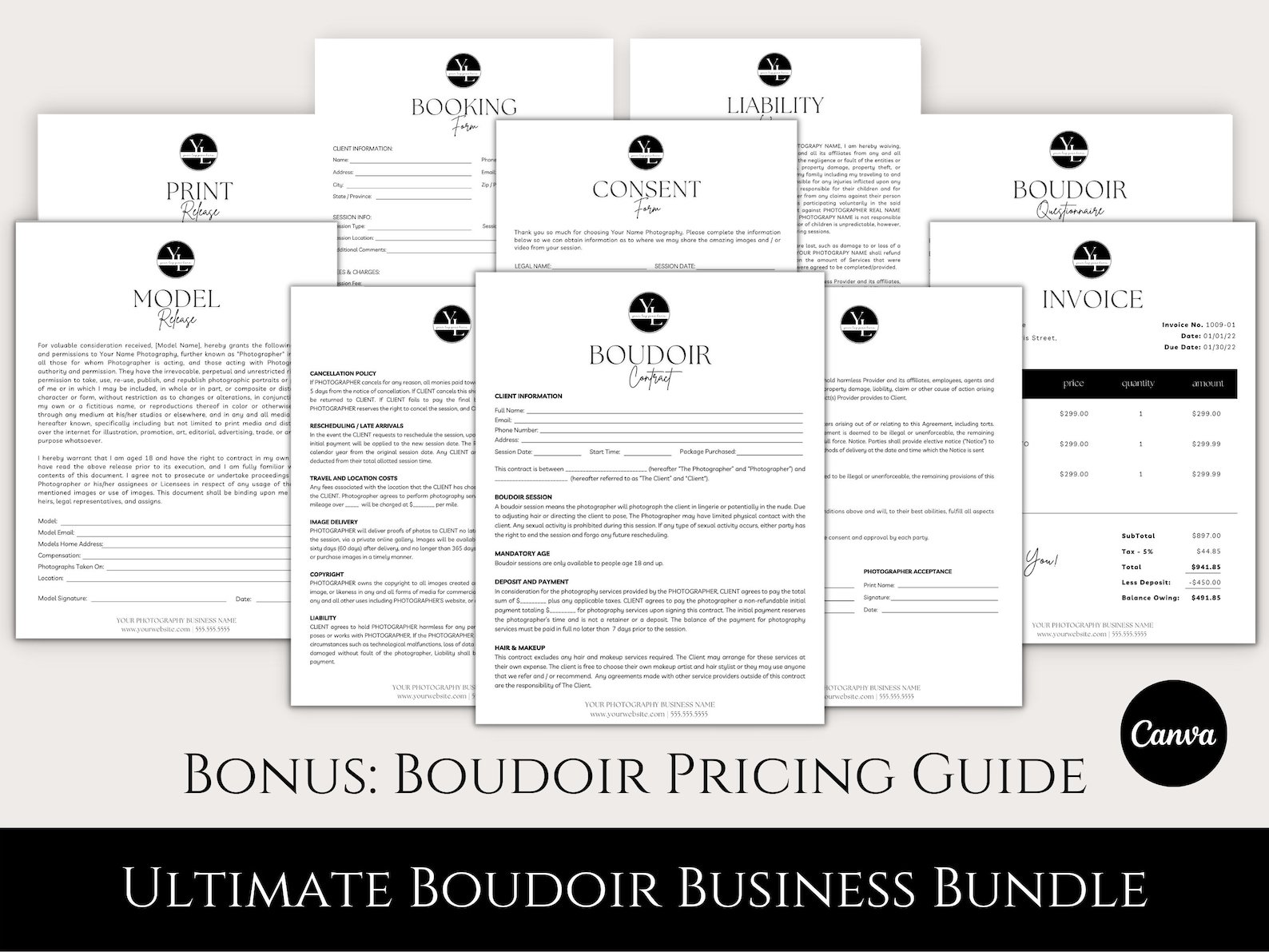 Boudoir Photography Business Forms Bundle | Photography Contract ...