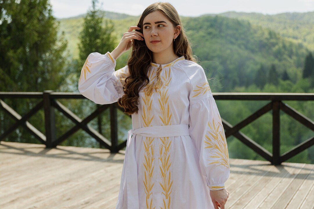 Traditional Maxi White Wedding Dress. Ukrainian Golden Wheat Embroidery ...