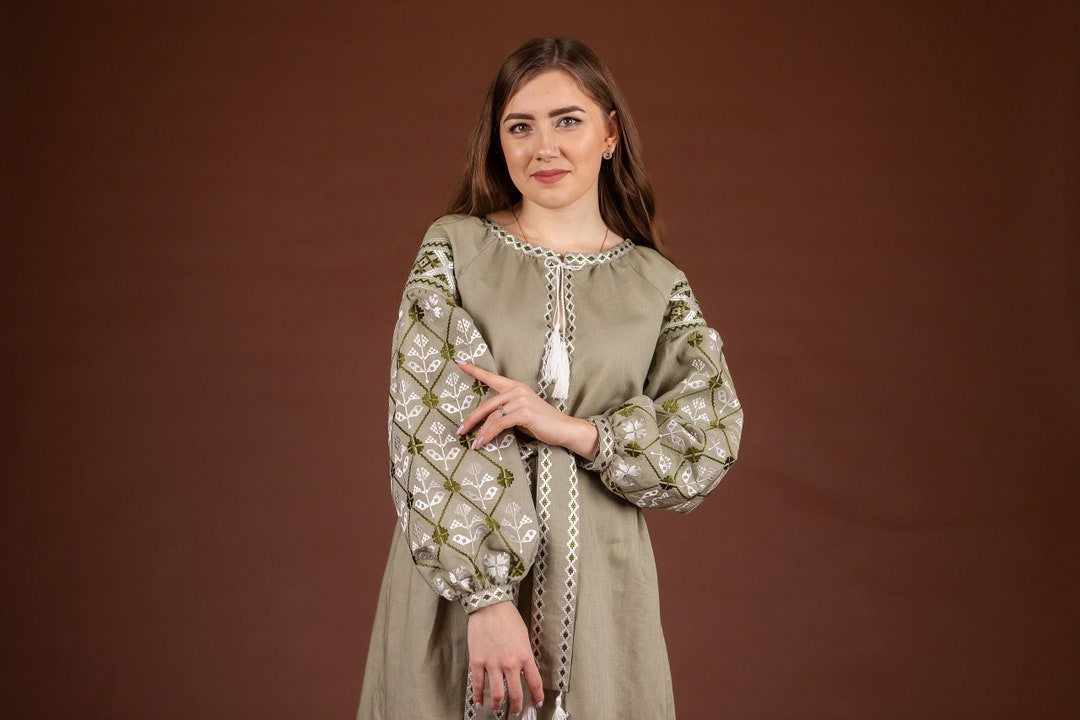 Midi Floral Folk Green Vyshyvanka Dress. Graduation Ukrainian Linen ...