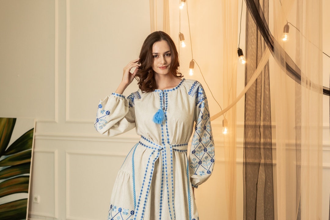Modern Embroidery Wildflower Midi Prom Dress. Ukraine Handmade Cotton ...