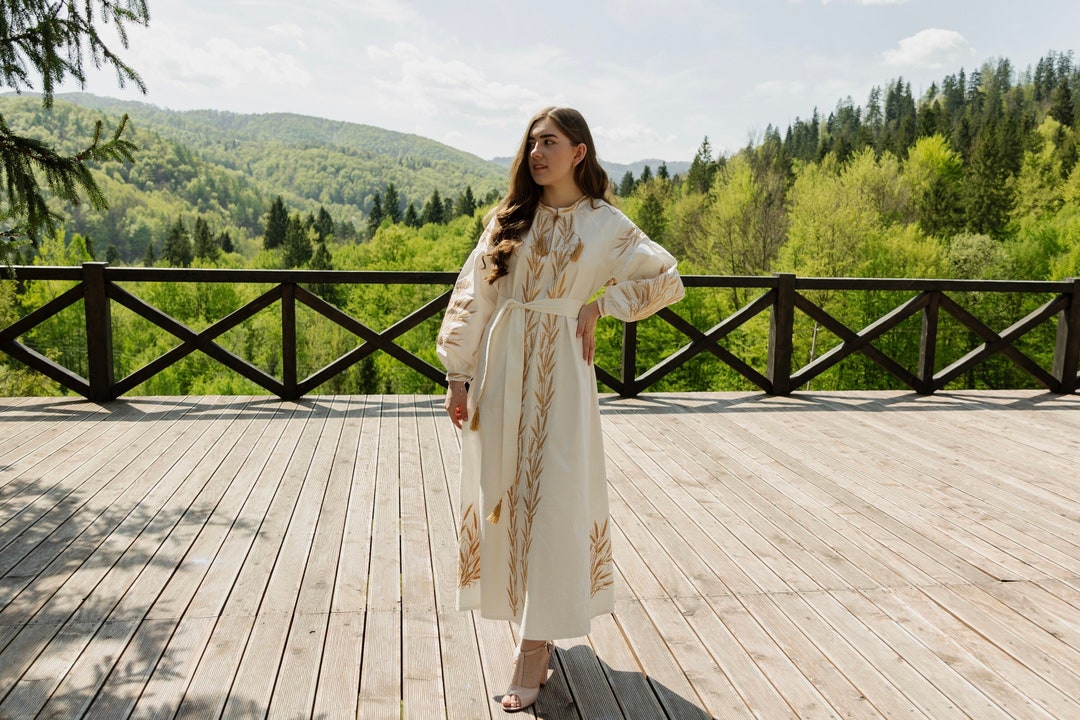 Ukrainian Wedding Dress, Embroidered Dresses, Beige Ukraine Dress, Floral Midi Dress, Ukrainian ...
