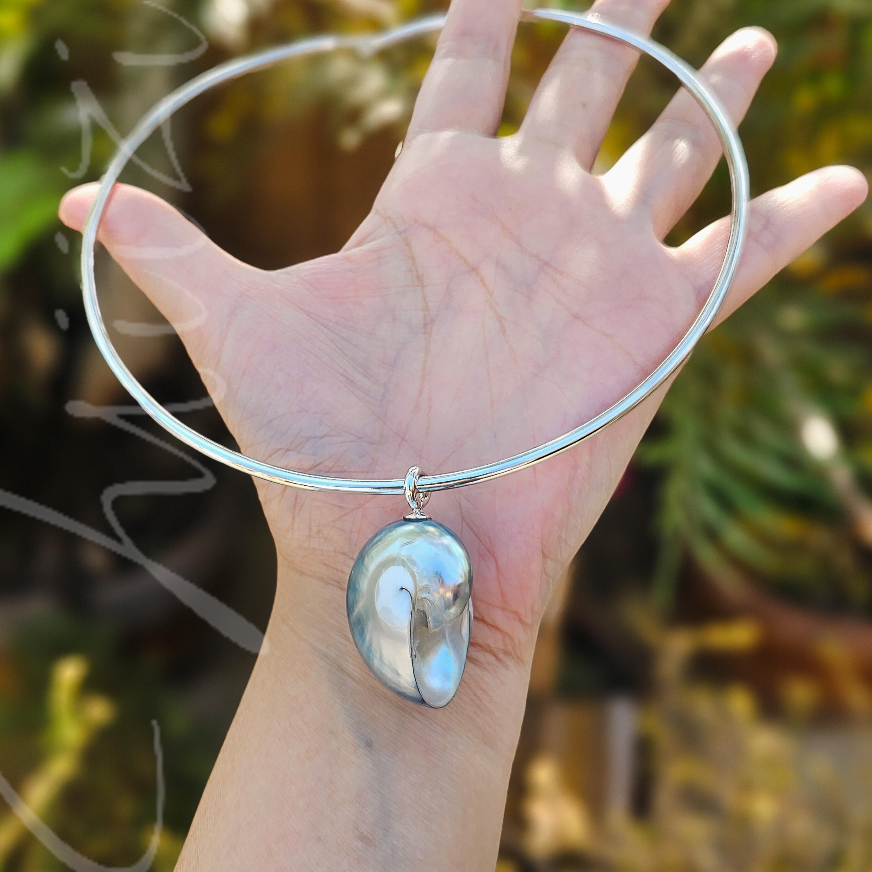 Pearly Light Blue Nautilus Shell Necklace, Sterling Silver Choker Seashell Jewelry, Stunning ...