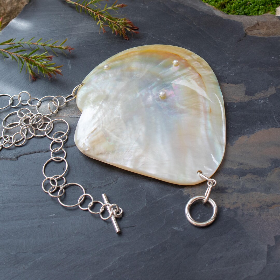 Extra Large Gold Clam Shell Necklace, Sterling Silver Chain Iridescent ...