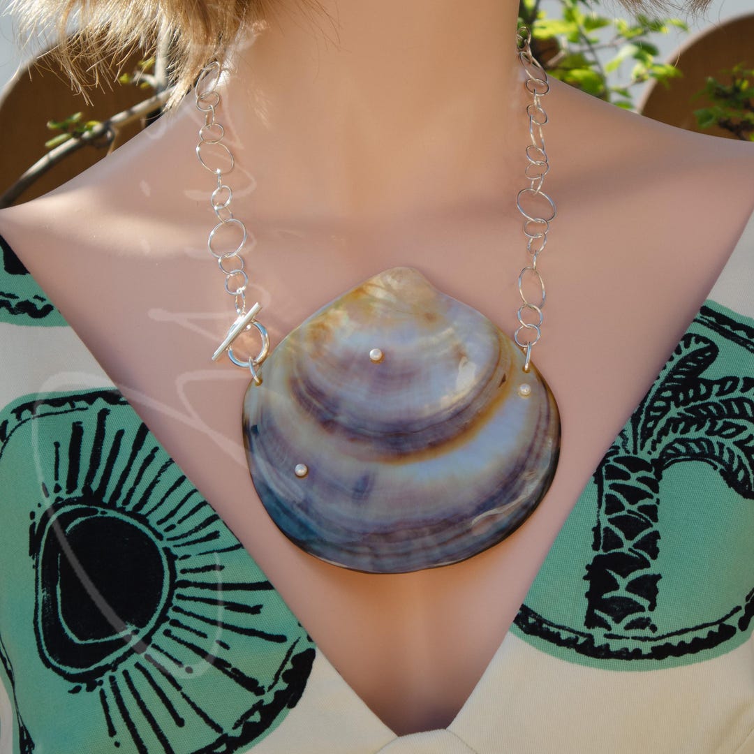Extra Large Clam Shell Necklace, Sterling Silver Chain Iridescent Shell ...