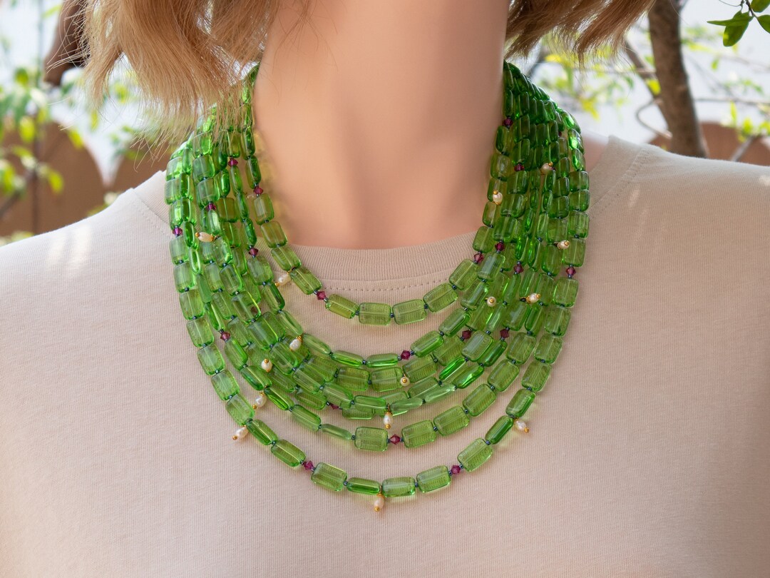 Lime Green Necklace Chunky Multi Strand Necklace Handmade Statement ...
