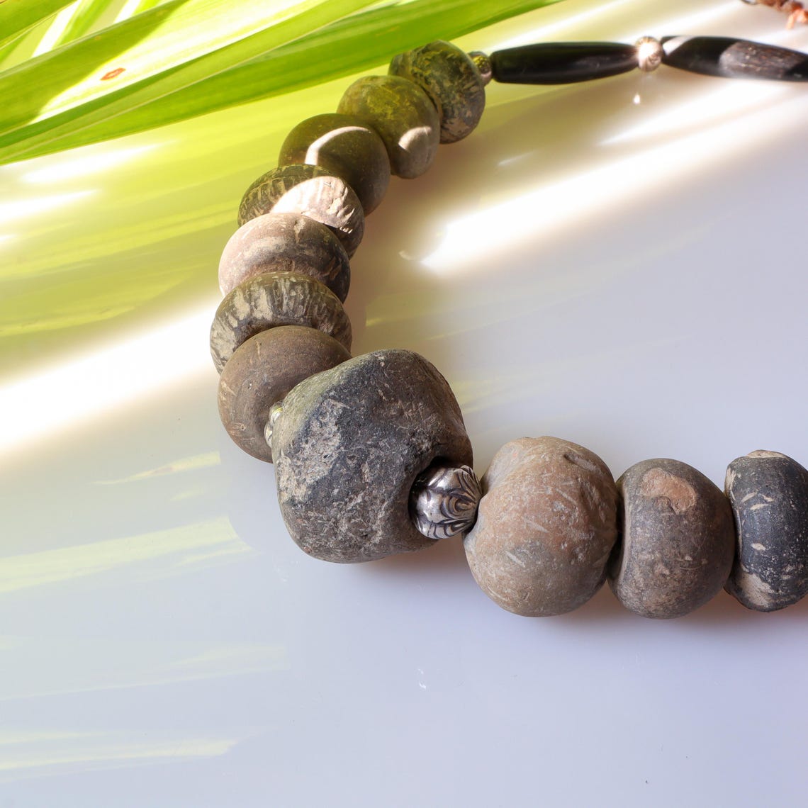 African Ancient Clay Bead Necklace, Spindle Whorl Beaded Statement ...