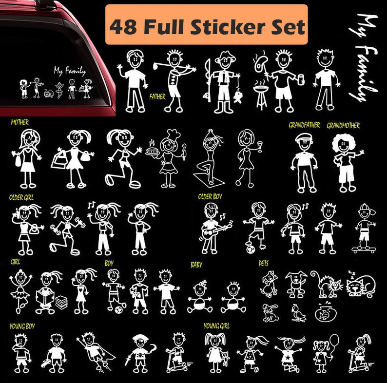 TOTOMO 48 Stick Figure My Family Car Decal Sticker Mom Dad Grandparents ...