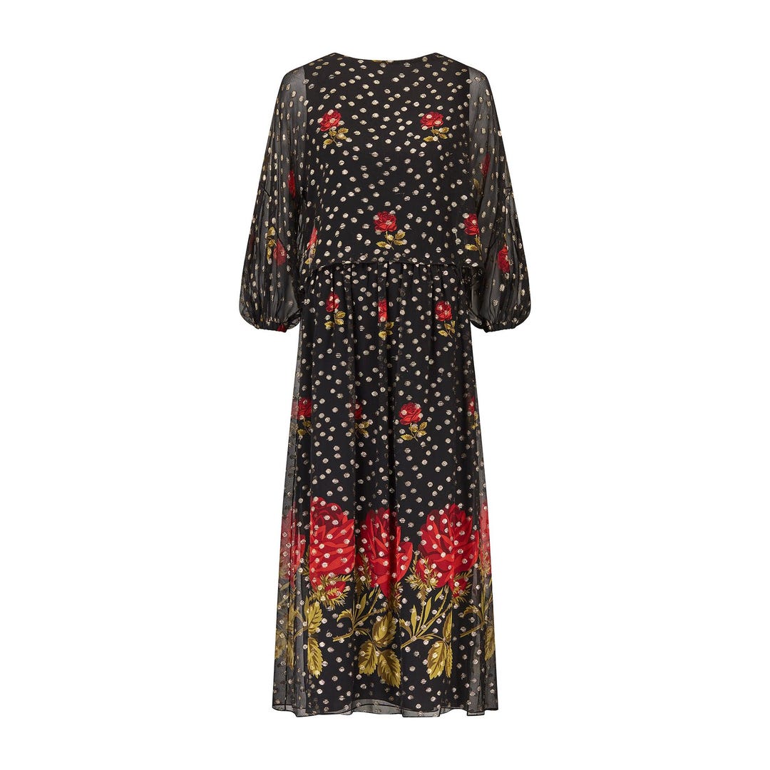 1970s Aurora Ruffolo Black and Gold Lurex Rose Print Dress - Etsy