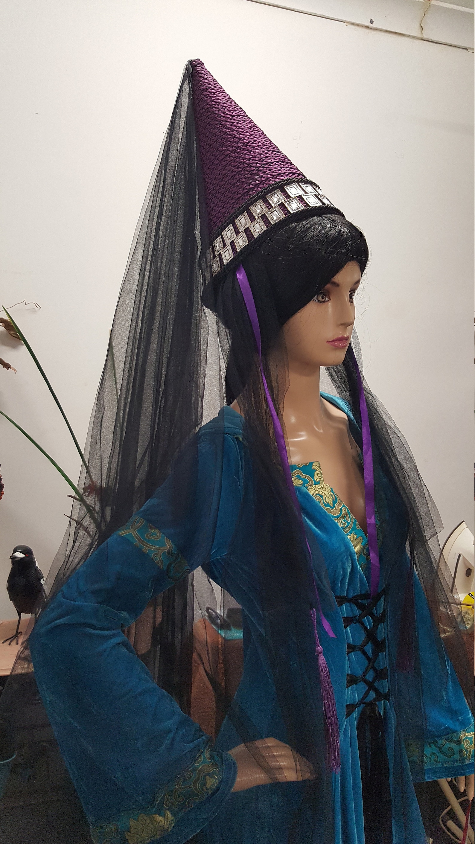 Gothic Inspired Women's Hennin Wimple Cone Hat With Long Black Veil and ...