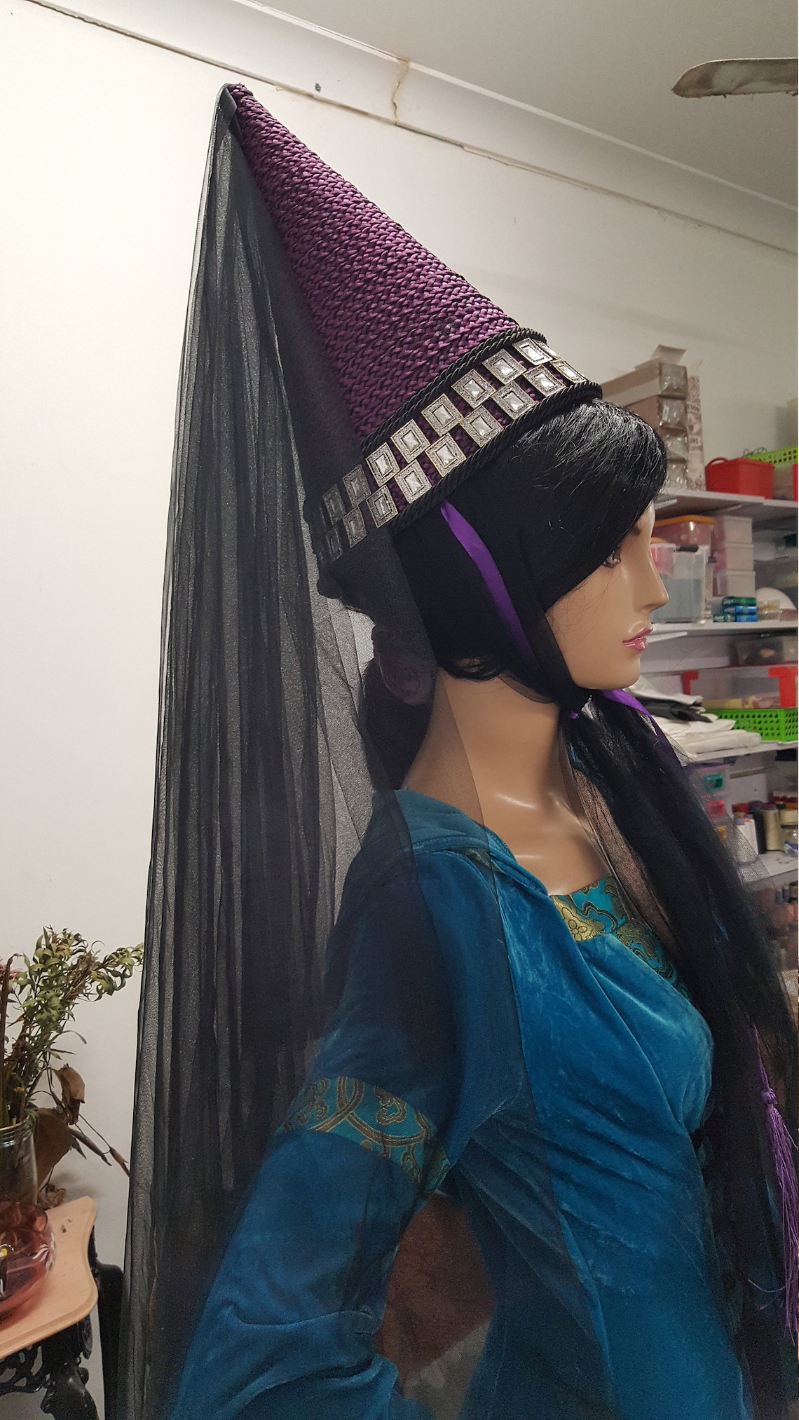Gothic Inspired Women's Hennin Wimple Cone Hat With Long Black Veil and ...