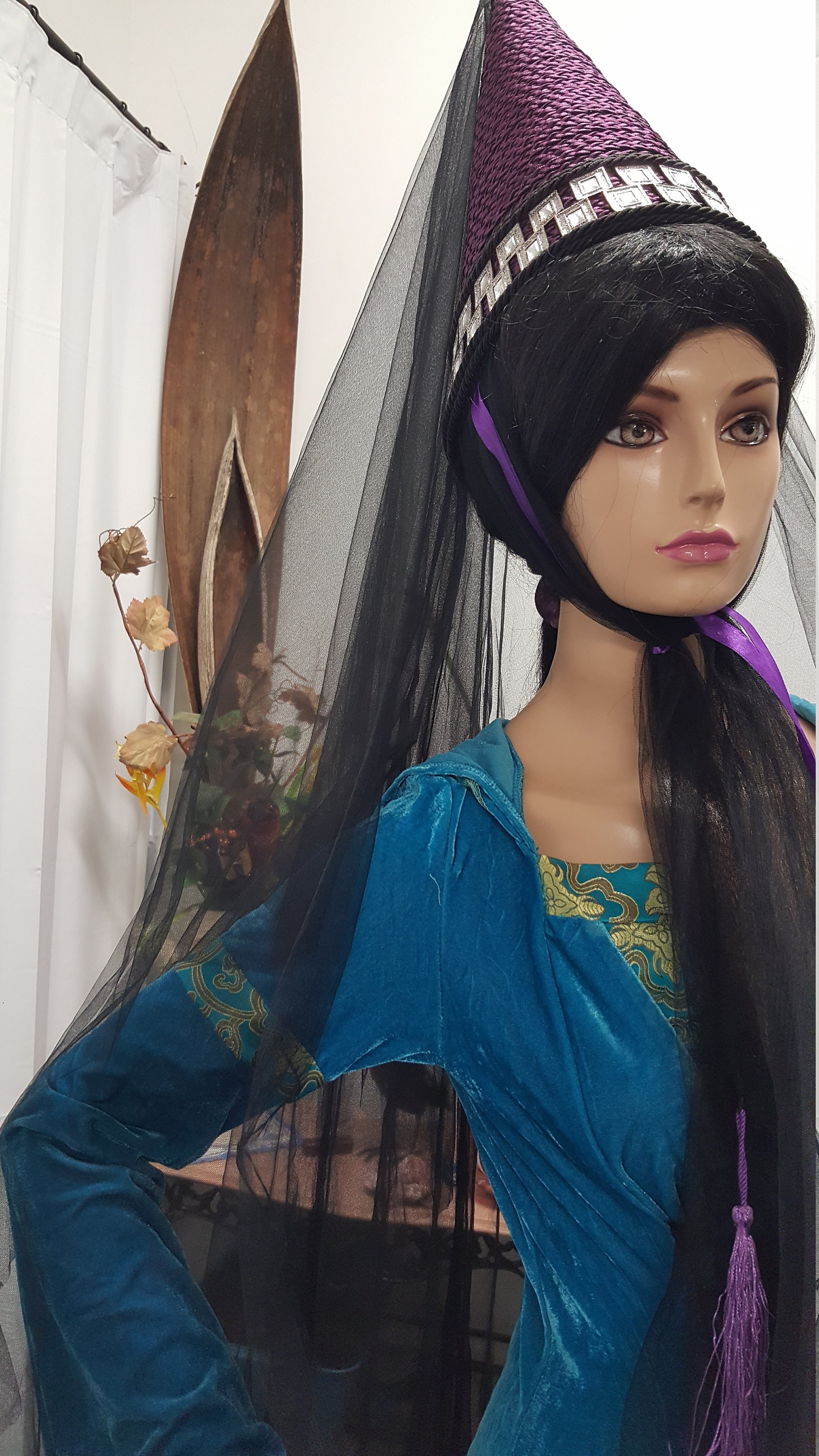 Gothic Inspired Women's Hennin Wimple Cone Hat With Long Black Veil and ...