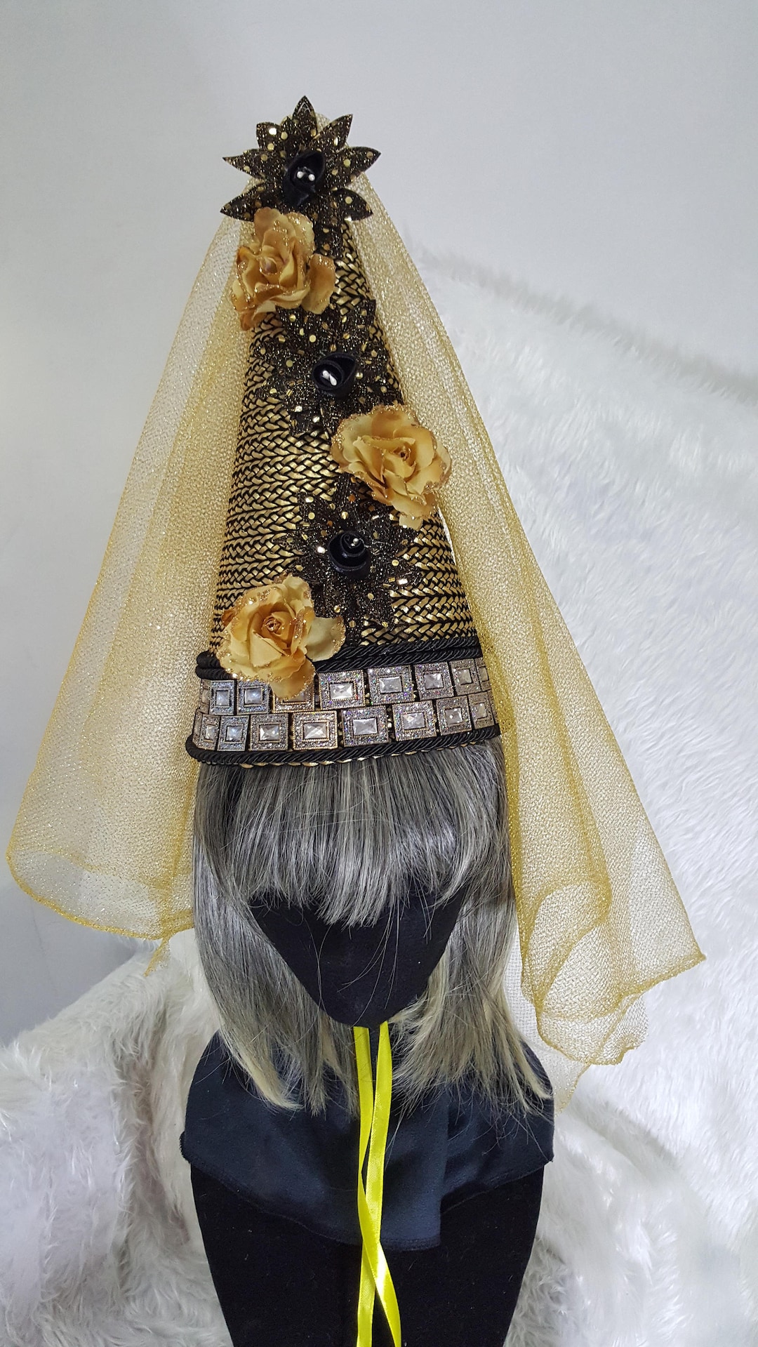 Damsel in Distress Antique Gold & Black Satin Rose Sunflowers Ladies ...