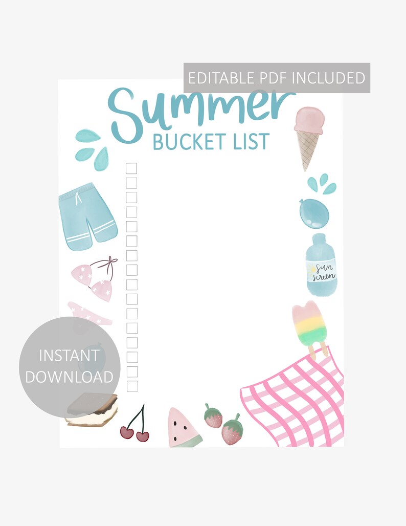 Summer Bucket List / KIDS / Hand-drawn / Editable PDF / Summer to Do ...