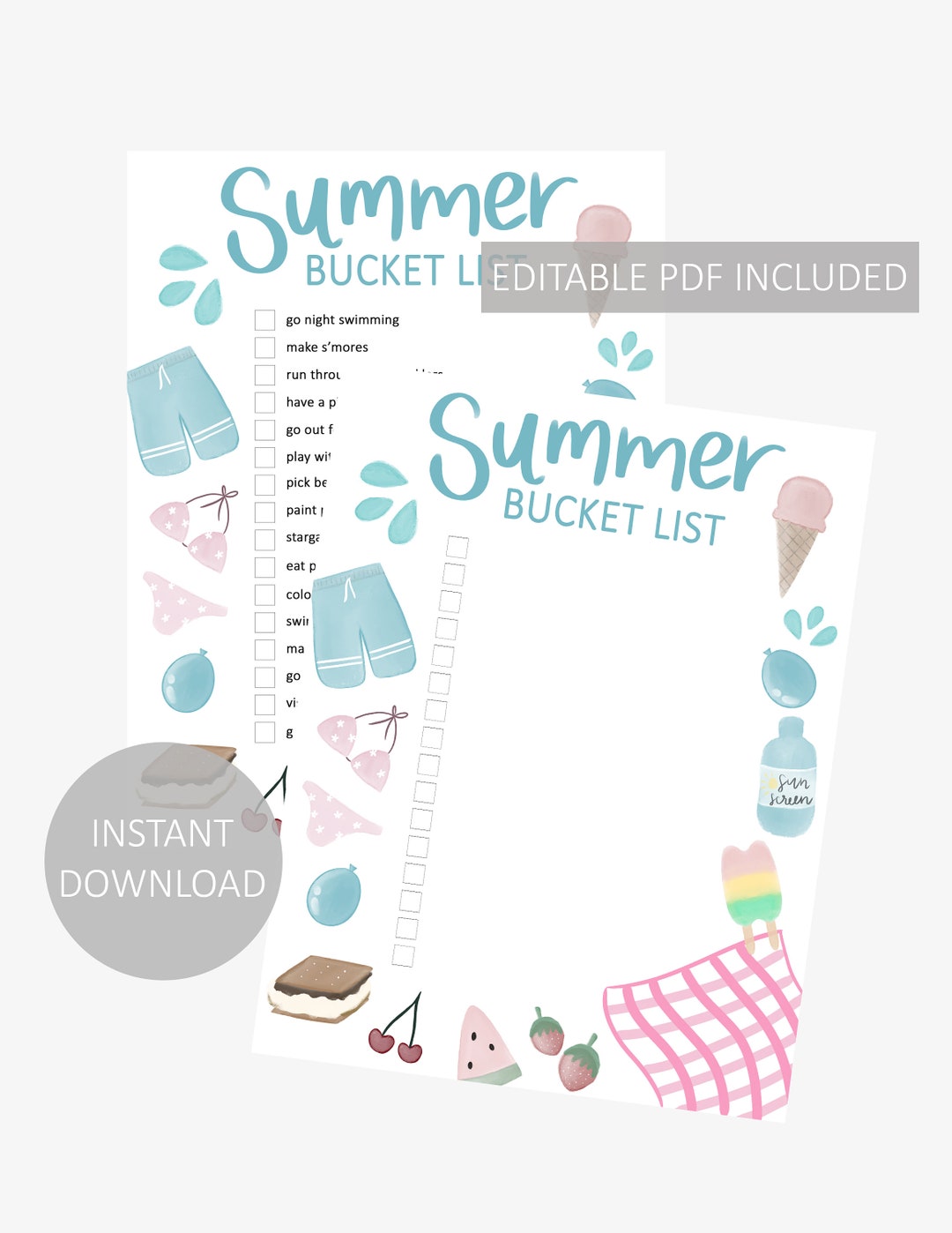 Summer Bucket List / KIDS / Hand-drawn / Editable PDF / Summer to Do ...