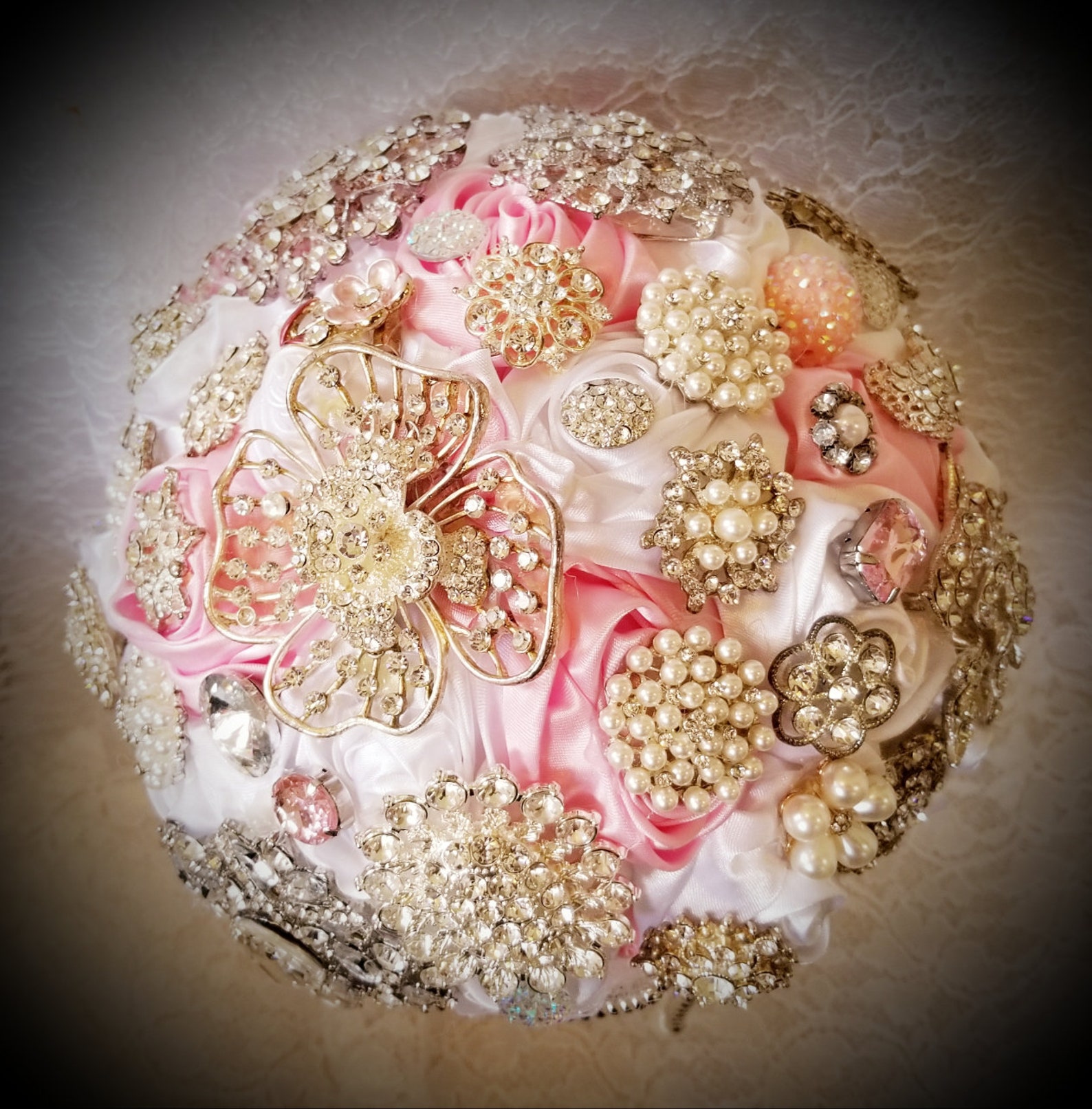 Pink White Bouquet Bridal Silver Crystal Pearl Satin Jeweled - Etsy