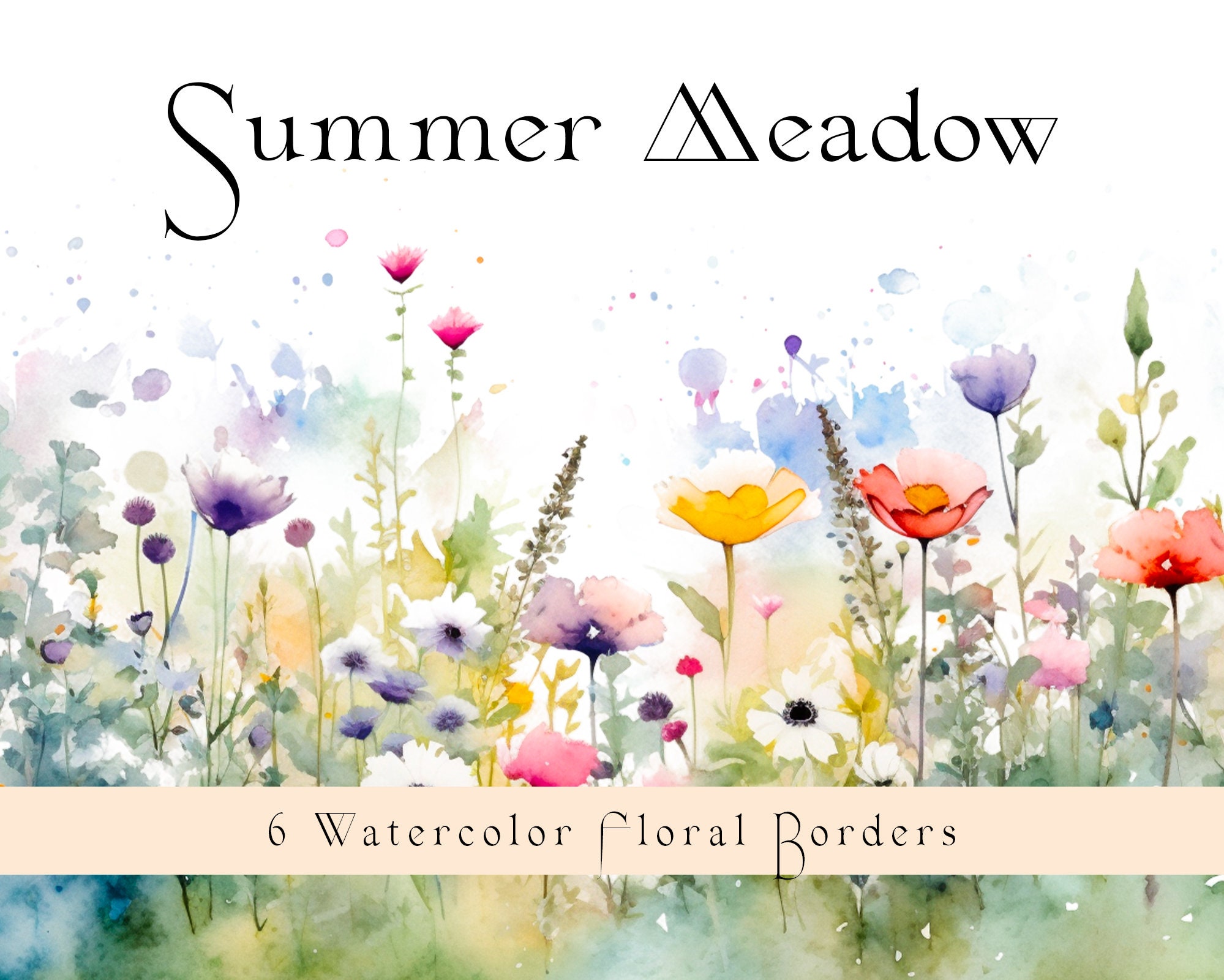 Summer Meadow Watercolor Floral Borders Wild Flowers Wedding Clipart ...