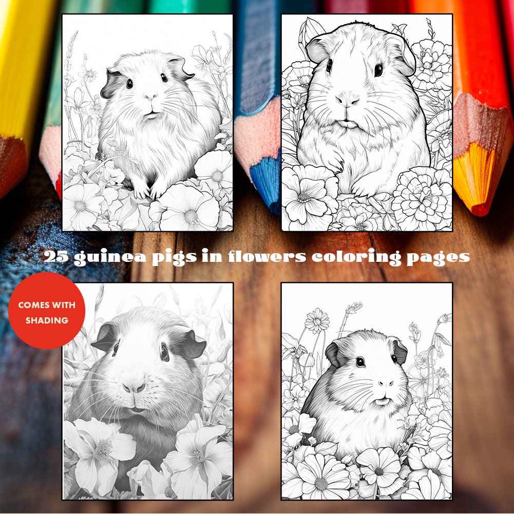 25 Guinea Pigs in Flowers Coloring Pages Cute Cavia Illustrations for ...