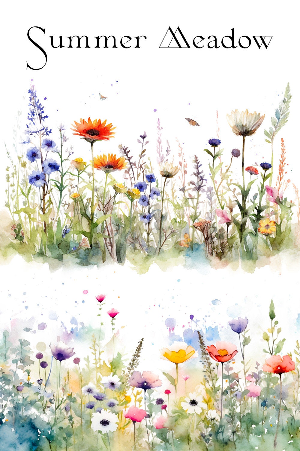 Summer Meadow Watercolor Floral Borders Wild Flowers Wedding Clipart ...