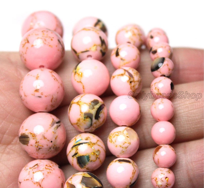 Pink Turquoise Beads With Shell Inlay,smooth Round Pink Shell Turquoise ...