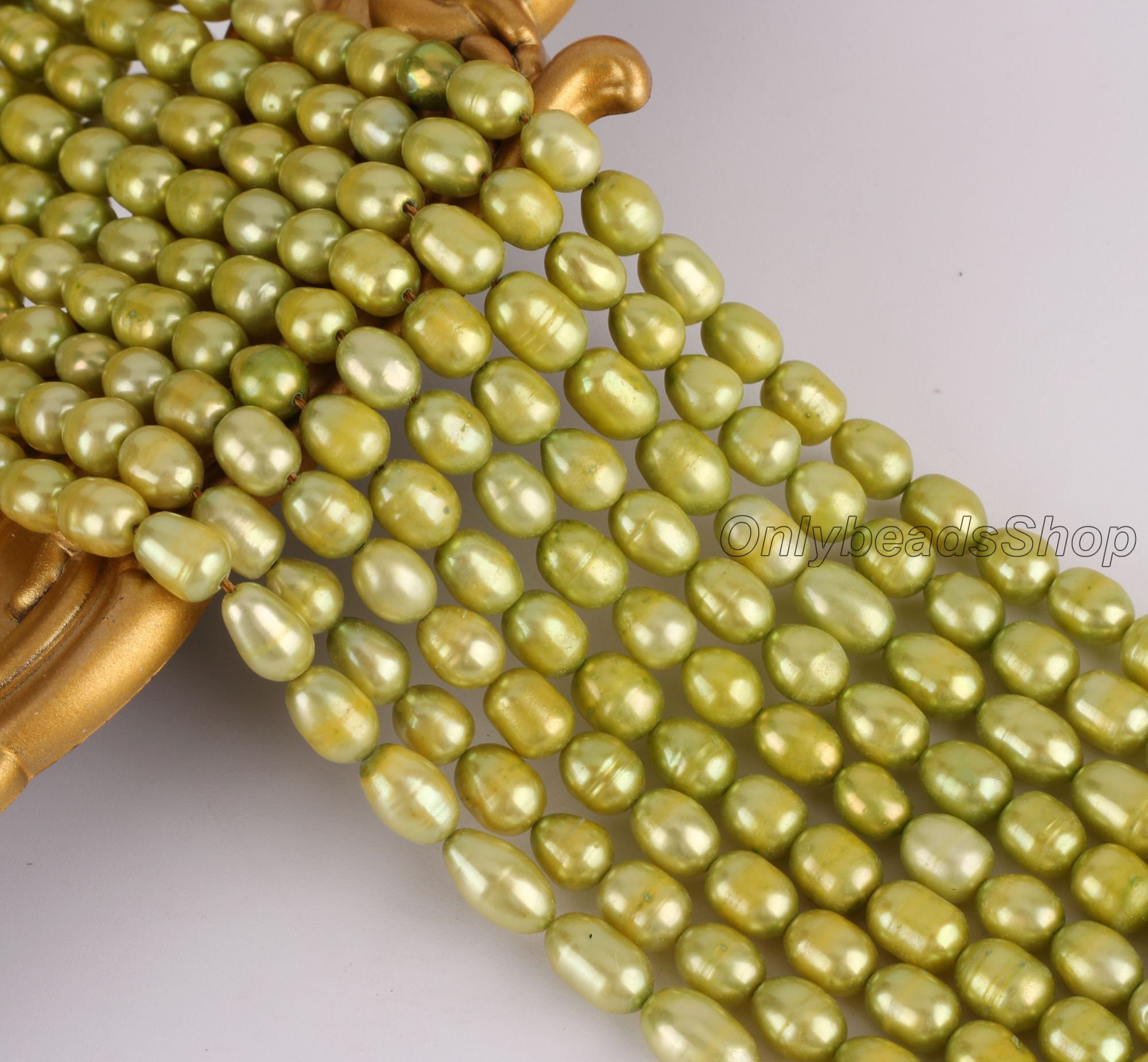 5-6mm Rice Oval Freshwater Pearls, Rice Pearls Full Strand Dyed Green ...