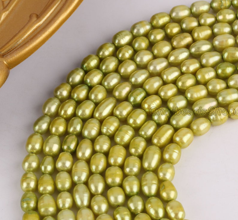 5-6mm Rice Oval Freshwater Pearls, Rice Pearls Full Strand Dyed Green ...
