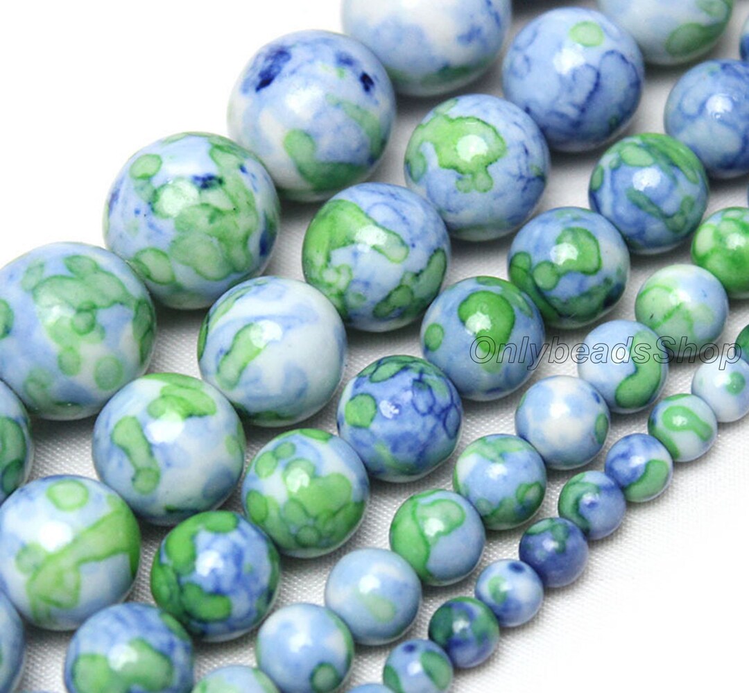Blue Green White Rain Flower Gemstone Beads,round Loose Gemstone Beads,wholesale Gemstone ...