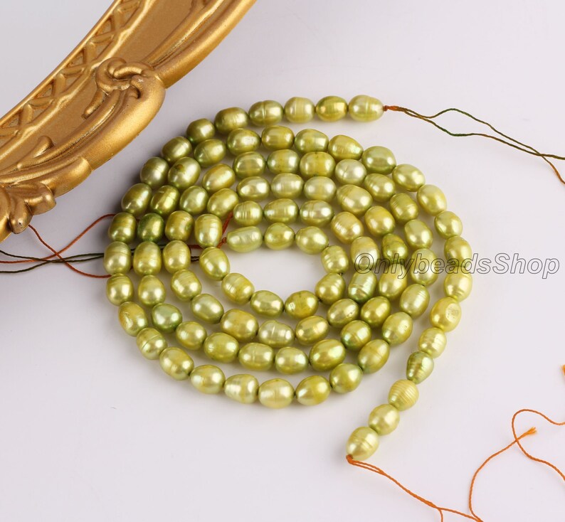 5-6mm Rice Oval Freshwater Pearls, Rice Pearls Full Strand Dyed Green ...
