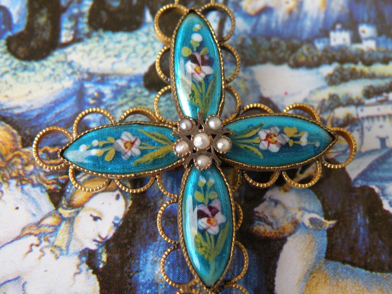 Victorian Iridescent Blue Enameled Cross Pendant Brooch Pin - Etsy