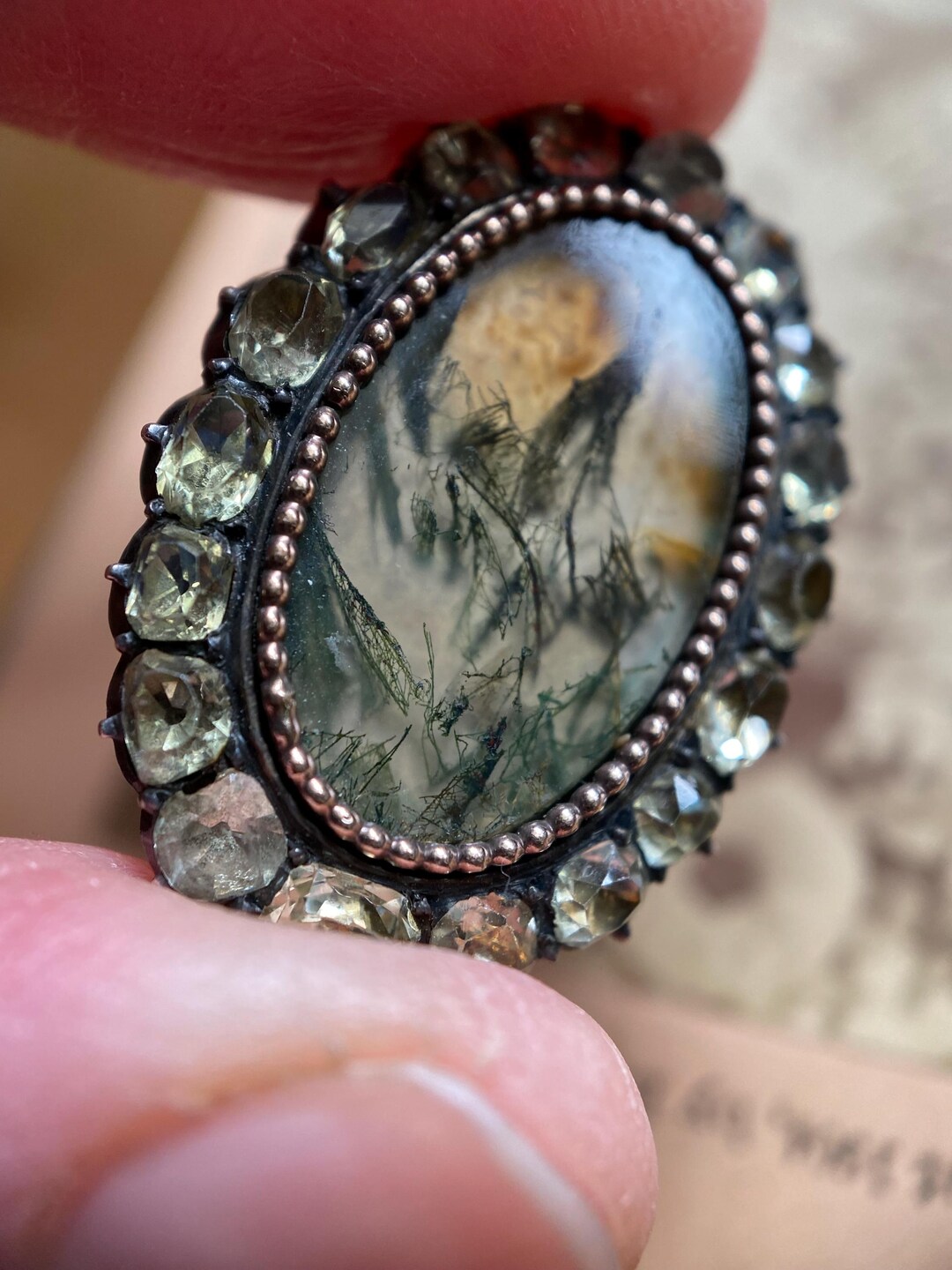 Antique Georgian Portuguese Small Oval Moss Agate and Chrysoberyl Halo ...