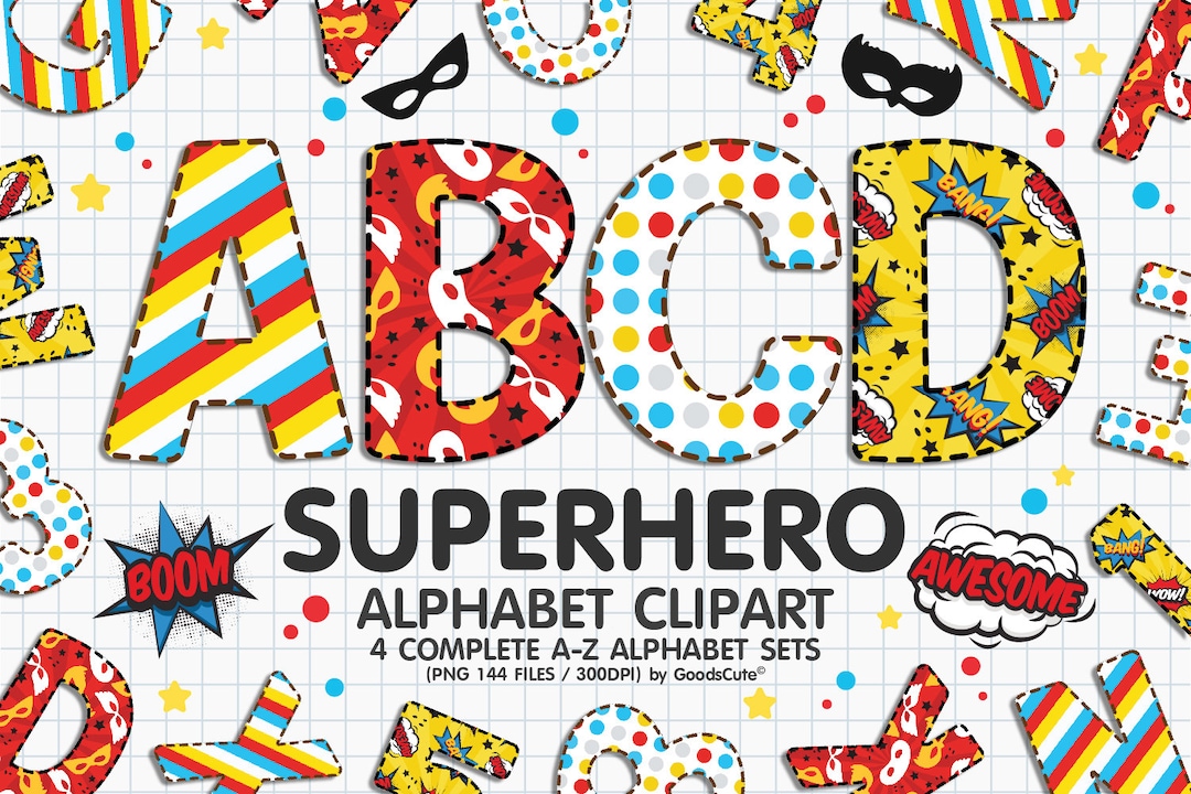 Superhero Doodle Alphabet Sublimation Clipart PNG, Number & A-Z Upper ...