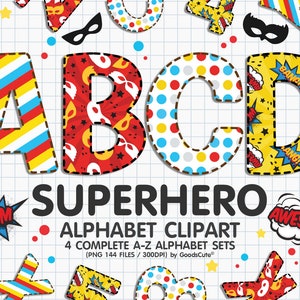 Superhero Doodle Alphabet Sublimation Clipart PNG, Number & A-Z Upper ...
